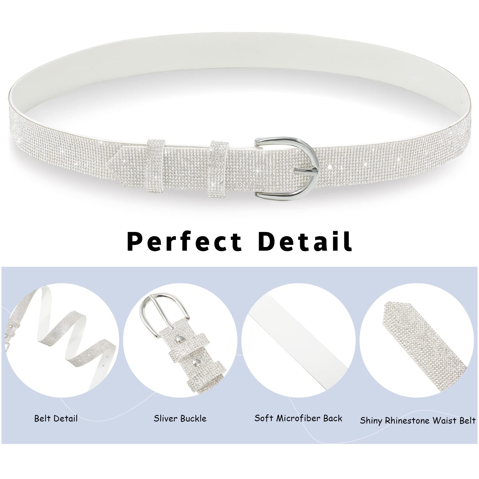 WELROG Rhinestone Belt for Women，Bling Crystal Vintage Belts Shiny Soft for Party Jeans Dresses(white-115)