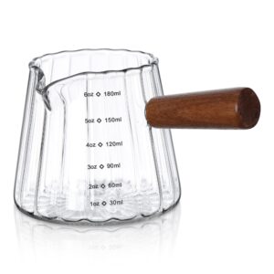 joeyan 6 oz glass measuring cups with spout,borosilicate glass triple pitcher with scale,origami style espresso shot glasses with wood handle for coffee milk,dishwasher safe