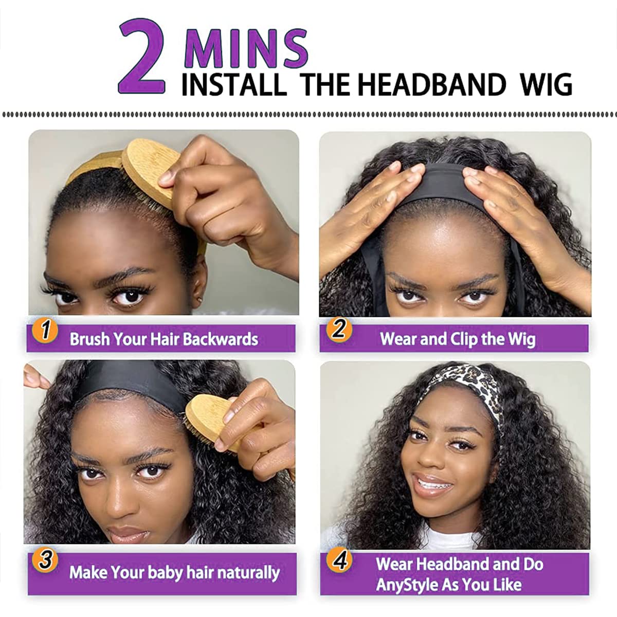 Headband Wigs Afro Curly Headband Wig for Black Women Human Hair Water Wave Natural Hair Women's Headband Wig Deep Wave 10 Inch 150% Density Machine Made No Lace deep Curly Front Headband Wig wigs