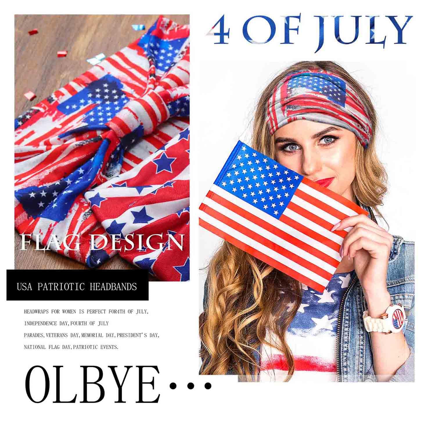 Olbye 4th of July Headbands USA Patriotic Hair Accessories American Flag Headband Wide Knotted Turban Head Band Non Slip Elastic Hairband Red White and Blue Bandana Stars and Stripes Head Bands Independence Day Party Decorations Hairbands Fourth of July A