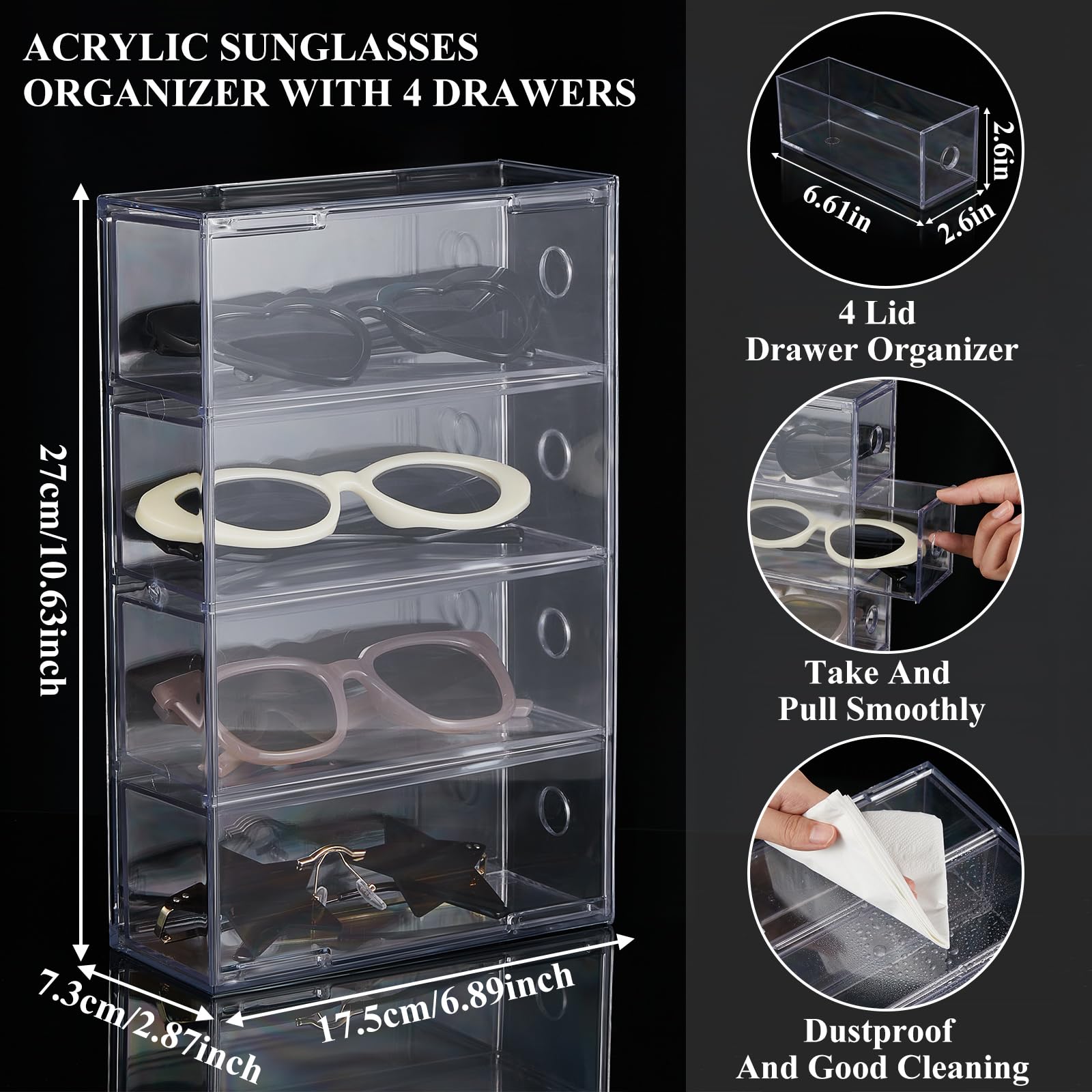 Sintuff 2 Pieces Acrylic Sunglass Organizer Clear Sunglass Holder with 4 Drawers Glasses Organizer for Women Clear Eyeglass Holder Eyewear Display Case Multiple Pair for Glasses Jewelry Watch Storage