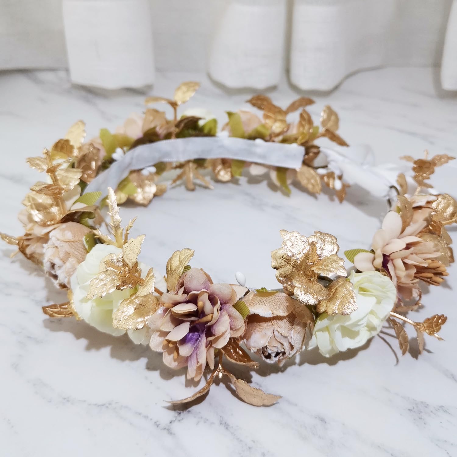 DDazzling Women Girls Handmade Princess Headpiece Forest Wedding Vintage Flower Crown Hair Accessories Photo Props (Gold Coffee Purple Beige)