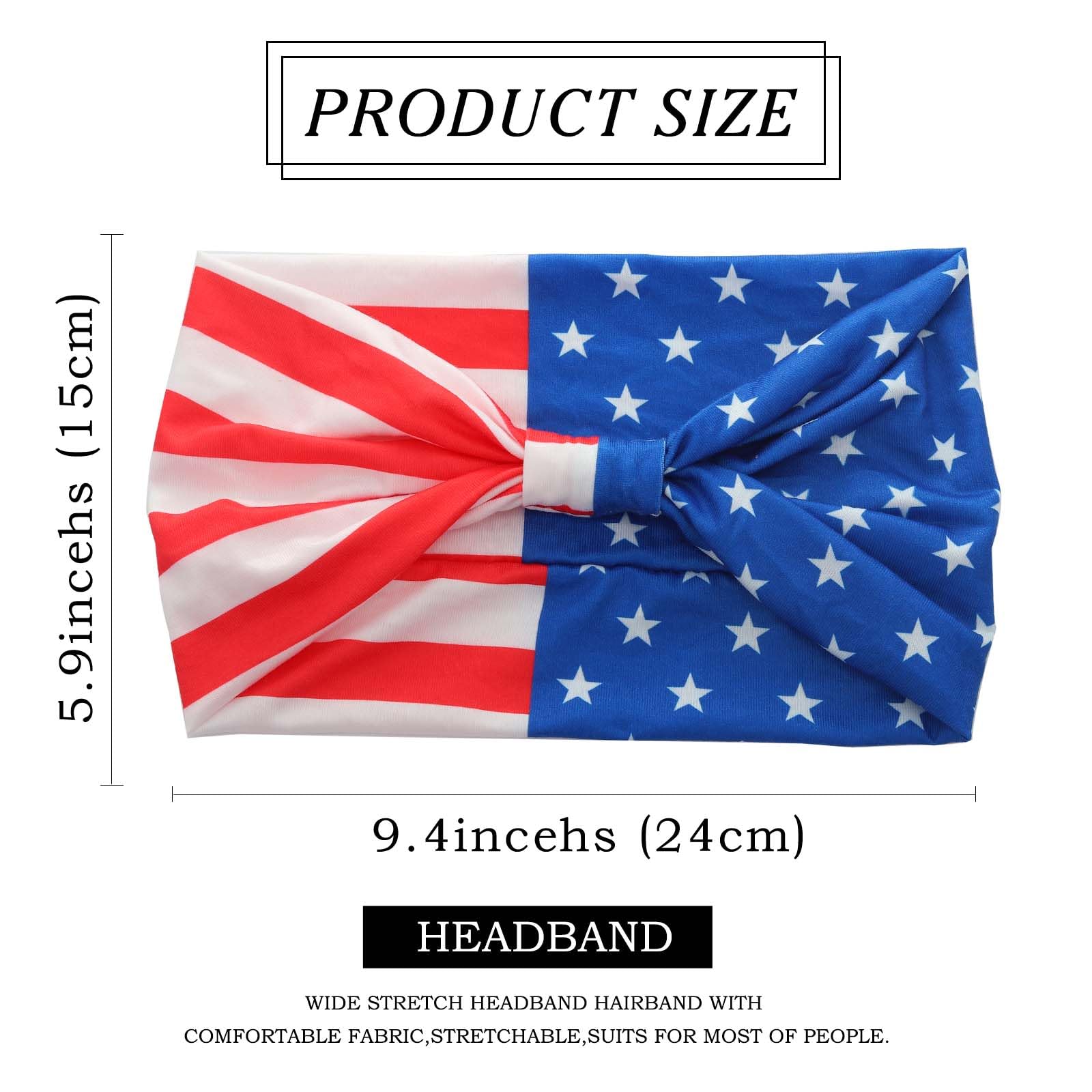 Olbye 4th of July Headbands USA Patriotic Hair Accessories American Flag Headband Wide Knotted Turban Head Band Non Slip Elastic Hairband Red White and Blue Bandana Stars and Stripes Head Bands Independence Day Party Decorations Hairbands Fourth of July A