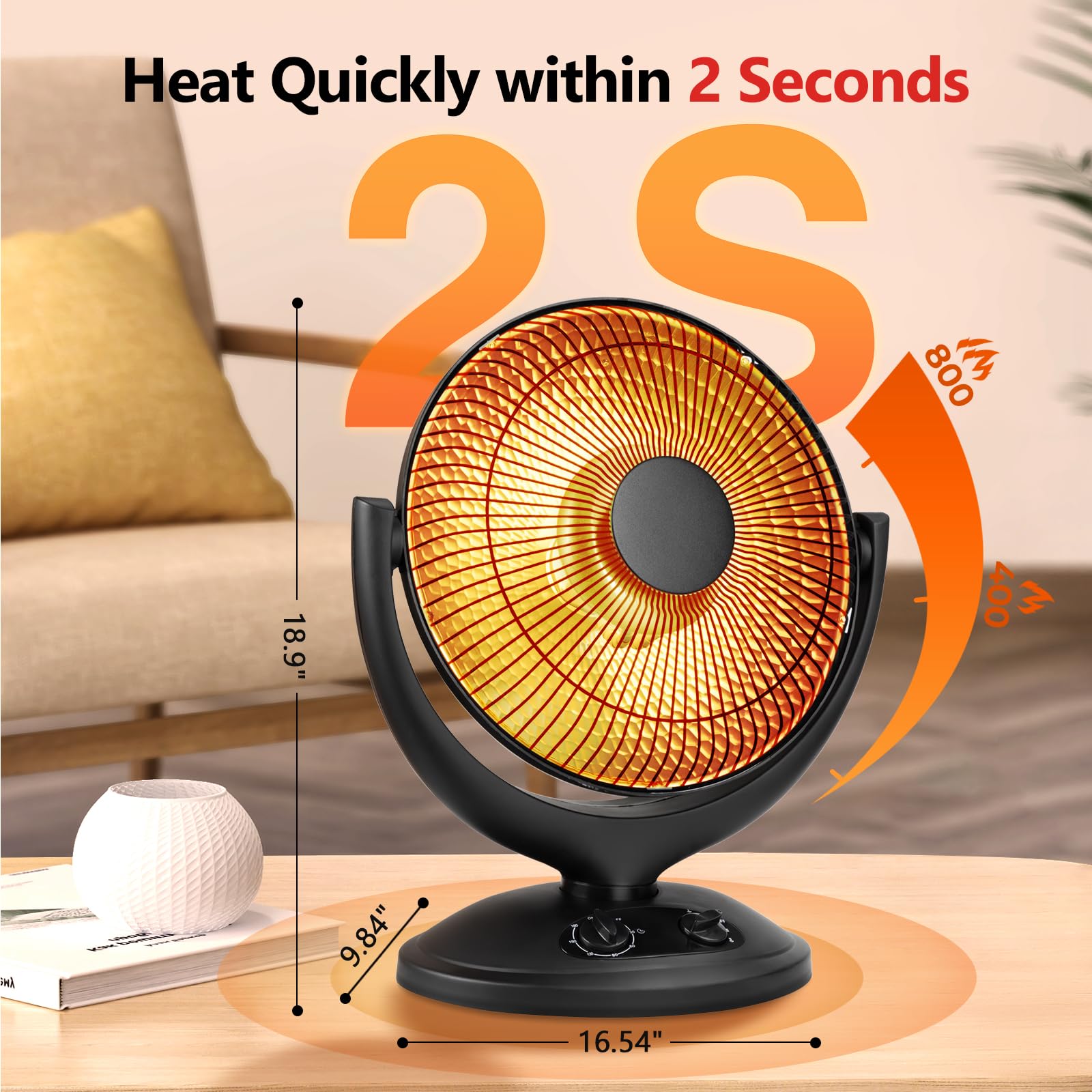 R.W.FLAME Radiant Electric Space Heater with Thermostat and Timer, 800W/400W Portable Dish Heaters for Indoor Use, Overheat and Tip Over Protection, Quiet Heater Fan for Bedroom Office Desk Home