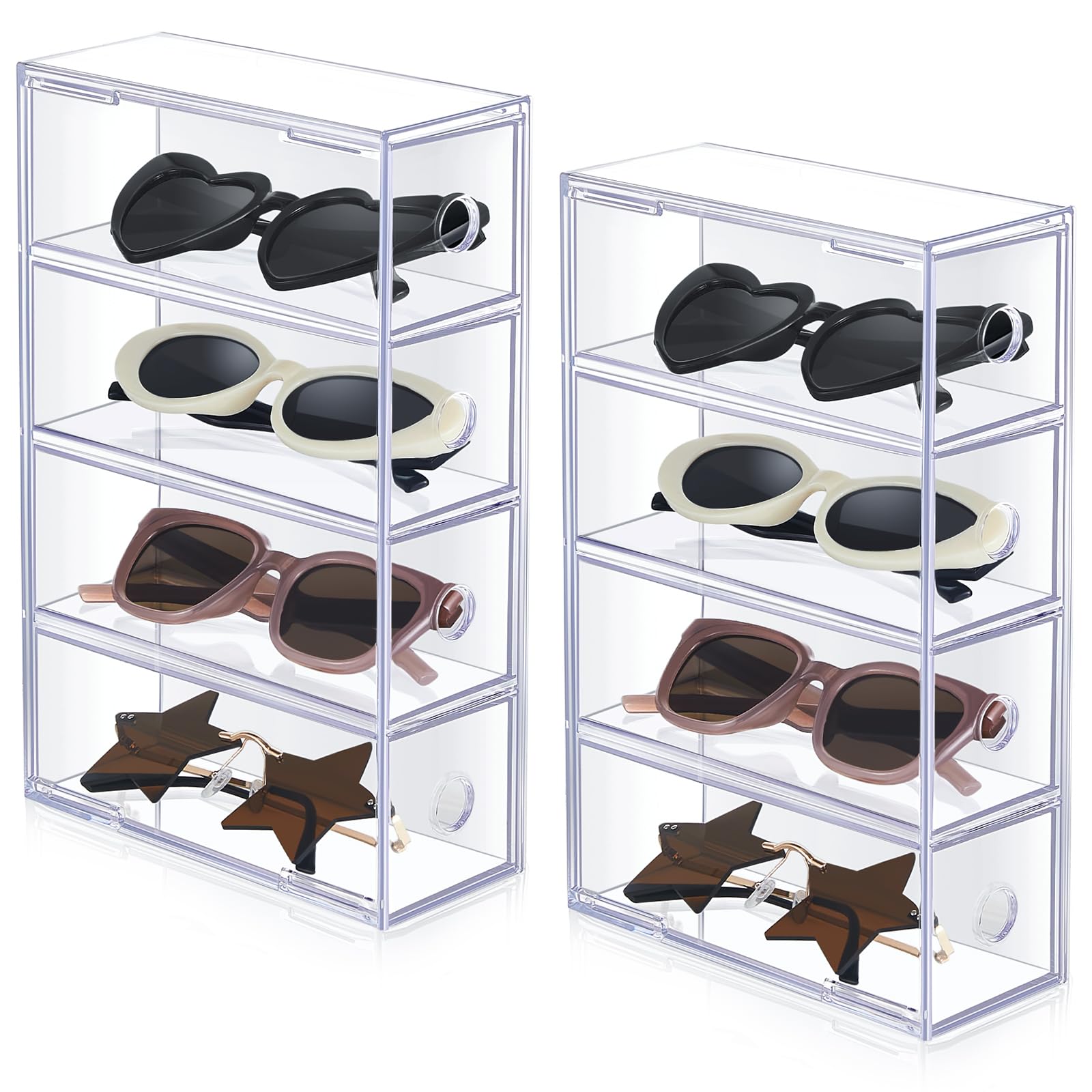 Sintuff 2 Pieces Acrylic Sunglass Organizer Clear Sunglass Holder with 4 Drawers Glasses Organizer for Women Clear Eyeglass Holder Eyewear Display Case Multiple Pair for Glasses Jewelry Watch Storage