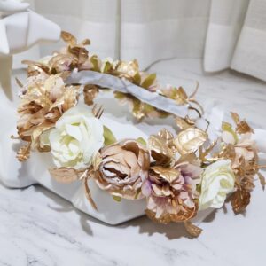 DDazzling Women Girls Handmade Princess Headpiece Forest Wedding Vintage Flower Crown Hair Accessories Photo Props (Gold Coffee Purple Beige)