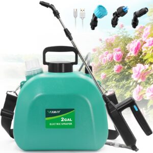 battery powered sprayer 2 gallon, upgrade powerful electric sprayer with 3 mist nozzles, rechargeable handle, retractable wand, garden sprayer with adjustable shoulder strap for lawn,garden,cleaning