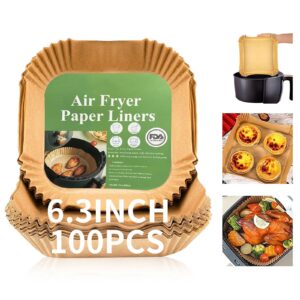 air fryer liners disposable square, 100pcs 6.3 inch airfryer liners, natural non-stick parchment paper for air fryer oil-proof water-proof, paper liners for air fryer, steamer, baking, microwave etc