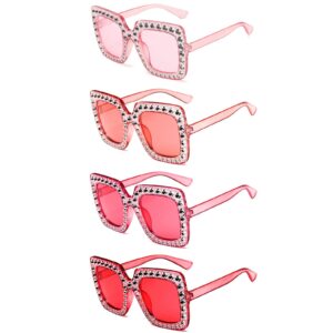 Pibupibu 4 Pack Red Pink Bling Crystal Sunglasses Oversized Square Glitter Rhinestone Sunglasses for Women Party Favors