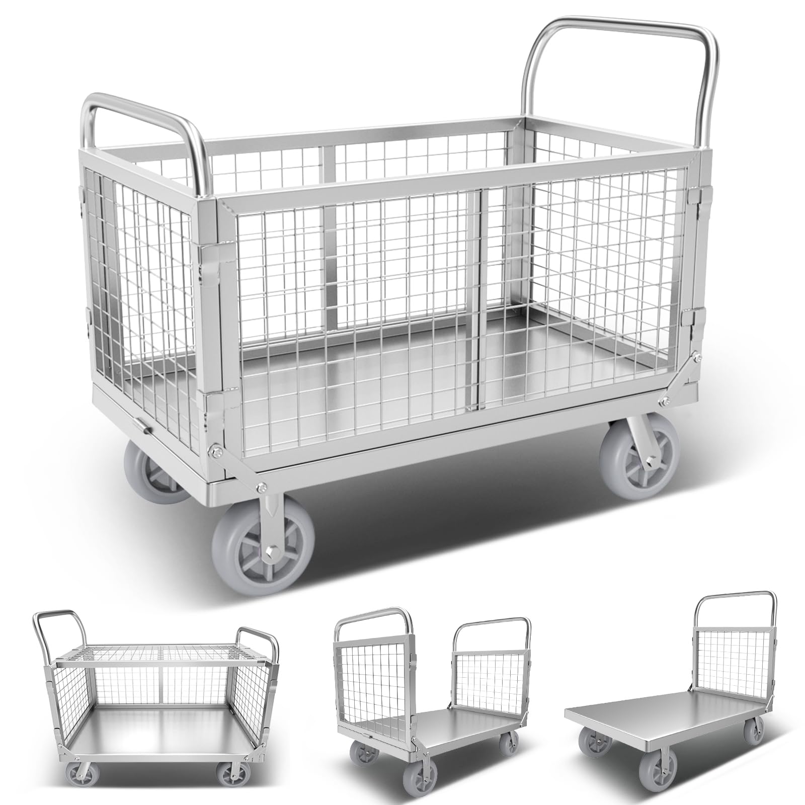 Platform Truck Cart with Cage 4in1 Foldable Platform Truck Heavy Duty Push Cart Dolly W/Swivel Wheels 1800lbs Capacity Flatbed Hand Truck Dolly Cart Multipurpose for Grocery/Laundry/Stall/Storage