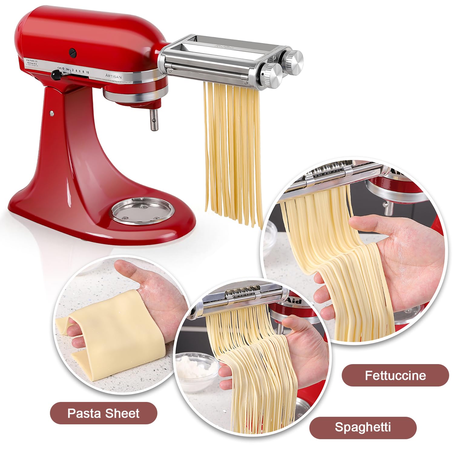 Pasta Maker Attachment for KitchenAid Stand Mixers, 3 in 1 Set Pasta Machine Attachment included Pasta Sheet Roller, Spaghetti Cutter, Fettuccine Cutter