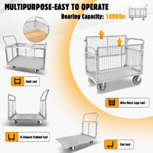 Platform Truck Cart with Cage 4in1 Foldable Platform Truck Heavy Duty Push Cart Dolly W/Swivel Wheels 1800lbs Capacity Flatbed Hand Truck Dolly Cart Multipurpose for Grocery/Laundry/Stall/Storage