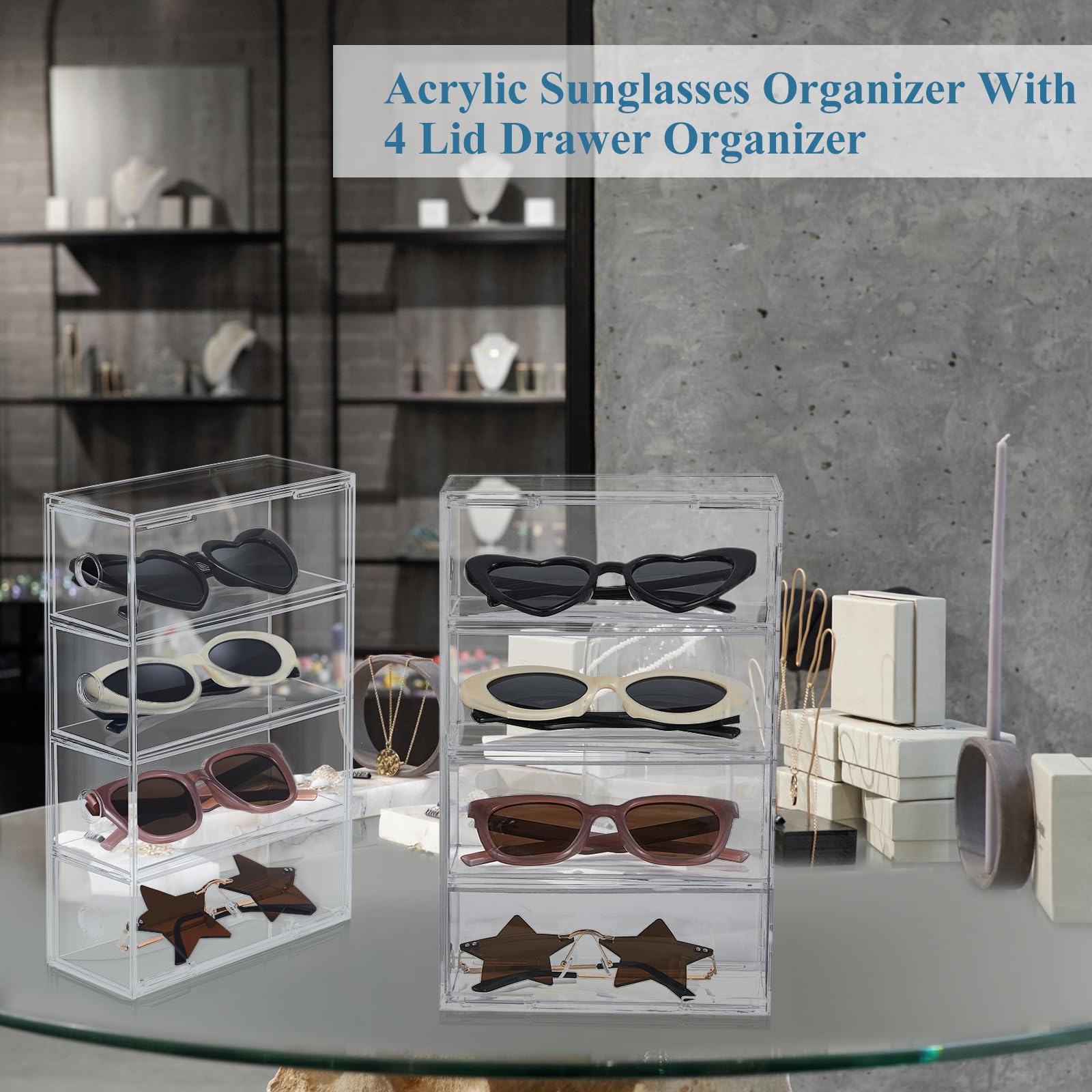 Sintuff 2 Pieces Acrylic Sunglass Organizer Clear Sunglass Holder with 4 Drawers Glasses Organizer for Women Clear Eyeglass Holder Eyewear Display Case Multiple Pair for Glasses Jewelry Watch Storage