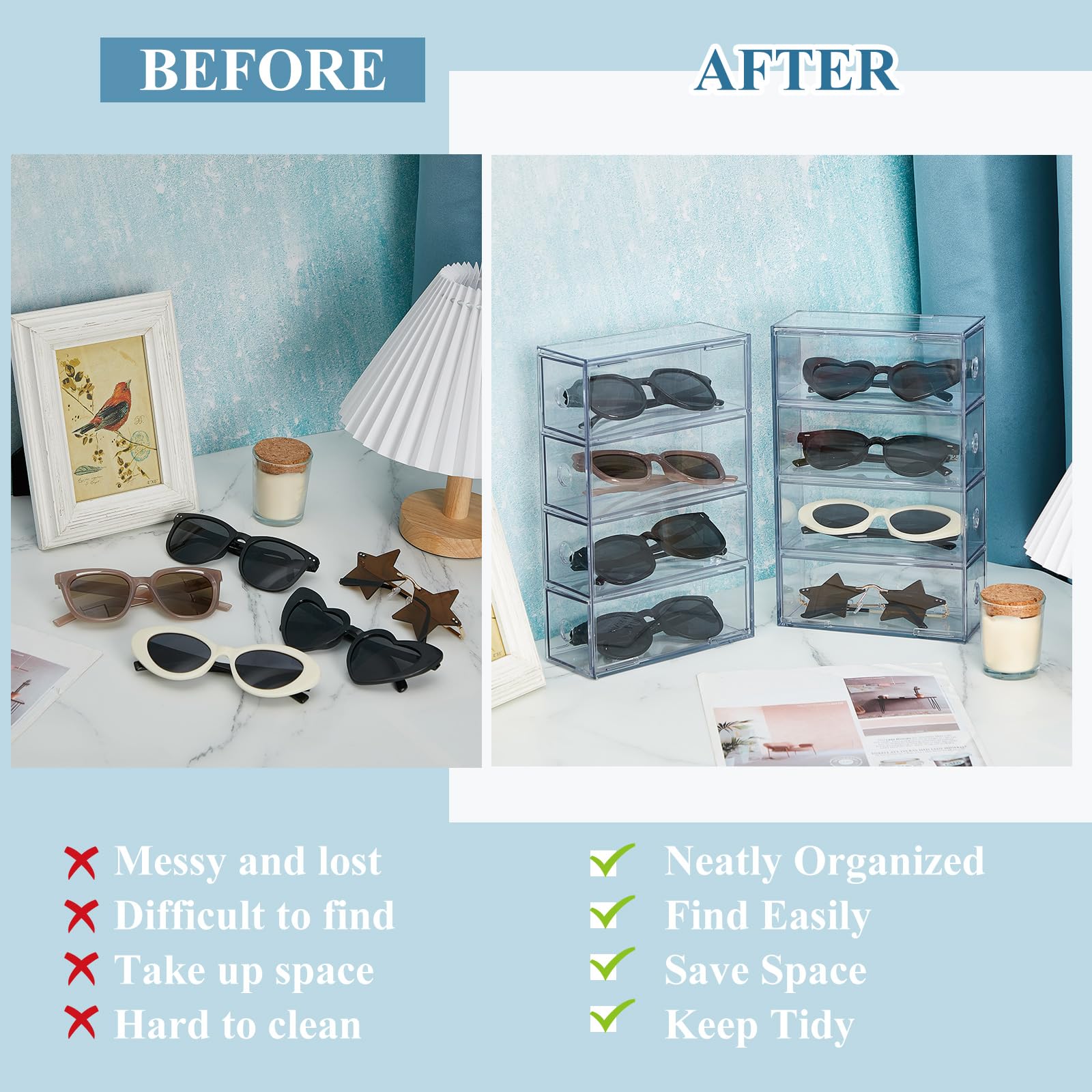 Sintuff 2 Pieces Acrylic Sunglass Organizer Clear Sunglass Holder with 4 Drawers Glasses Organizer for Women Clear Eyeglass Holder Eyewear Display Case Multiple Pair for Glasses Jewelry Watch Storage