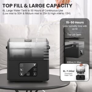 Terrug 6L Humidifiers for Bedroom Large Room, Warm & Cool Mist Humidifiers for Home, Quiet Air Humidifier & Essential Oil Diffusers With Remote Control, 360° Nozzle, Last up to 50H, 1-12H Timer(Black)