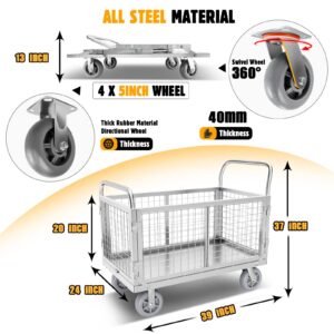 Platform Truck Cart with Cage 4in1 Foldable Platform Truck Heavy Duty Push Cart Dolly W/Swivel Wheels 1800lbs Capacity Flatbed Hand Truck Dolly Cart Multipurpose for Grocery/Laundry/Stall/Storage