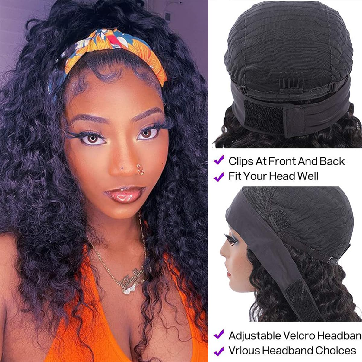 Headband Wigs Afro Curly Headband Wig for Black Women Human Hair Water Wave Natural Hair Women's Headband Wig Deep Wave 10 Inch 150% Density Machine Made No Lace deep Curly Front Headband Wig wigs