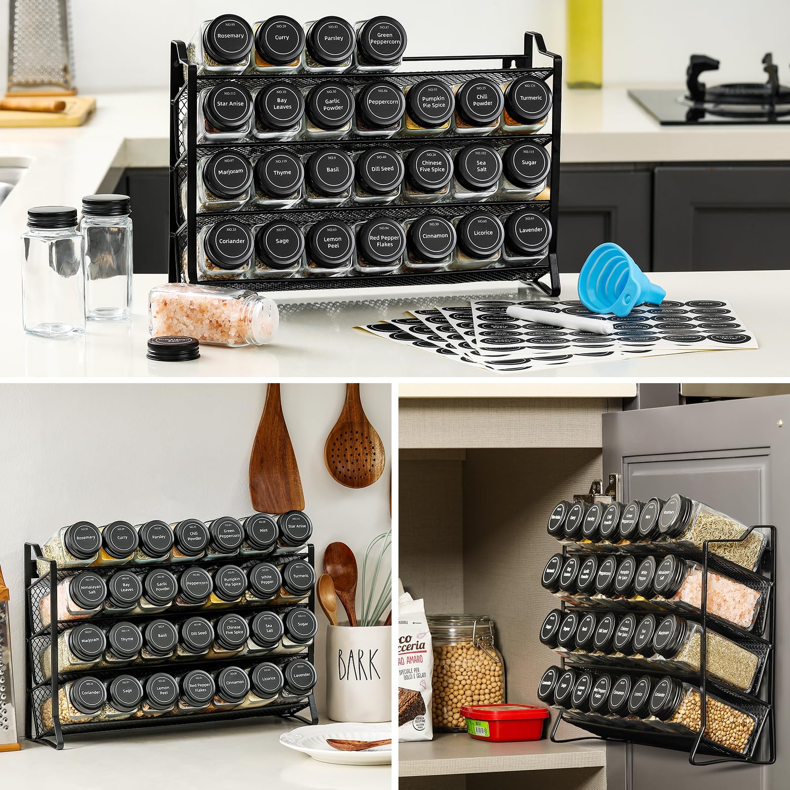 AOZITA Spice Rack Organizer for Cabinet, Spice Organizer with 28 Empty Spice Jars with Black Lids, Funnel, Spice Labels, Seasoning Organizer for Countertop, Cabinet, Kitchen, Pantry, Cupboard