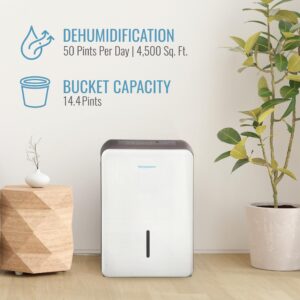 Keystone 50-Pint Portable Dehumidifier for Basement, Garage, Living Room, and Extra Large Rooms up to 4,500 Sq.Ft., 115V, Quiet Dehumidifier for Home and Moisture Absorber with Auto-Shutoff and Timer