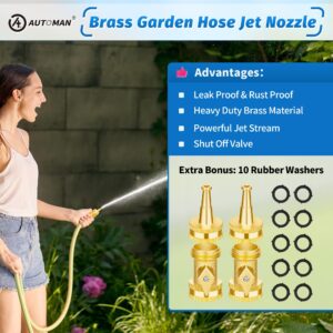 AUTOMAN Brass Hose Nozzle - High Pressure Jet Nozzle 4 Count (2 Set), Heavy Duty Water Hose Sprayer Sweeper with Hose Shutoff Valve, 3/4” GHT Nozzles for Garden Hose, Car Wash, Extra 10 Rubber Washers