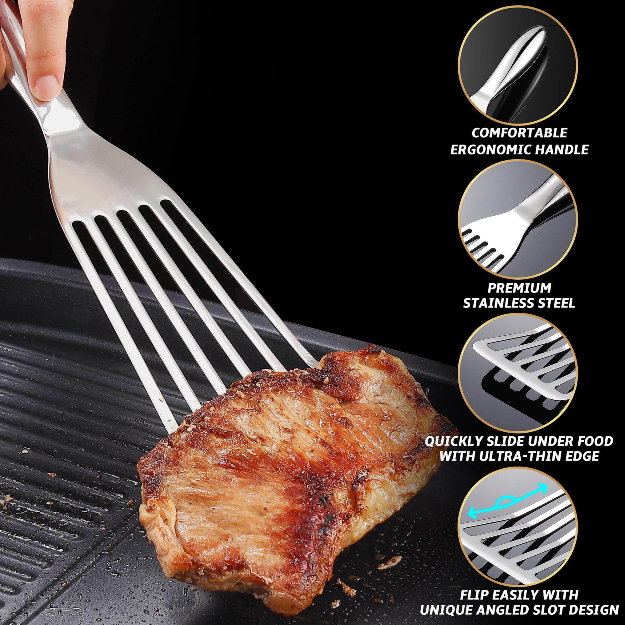 Fish Spatula Stainless Steel Combo, 1 Large Fish Turner Spatula + 1 Small Griddle Spatula, Metal Spatula for Kitchen Use, Slotted Spatulas, Frying Spatula with Thin Edge Ideal for Turning & Flipping