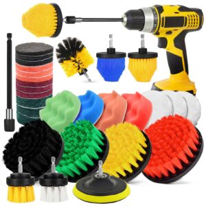 30pcs drill brush attachment set,drill scrubber brush kit include scrub pads, sponge, extend attachment, drill cleaning brush attachment set for bathroom, tub, tile, corner, floor, grout, boat