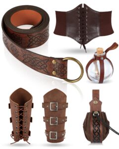 ramede 6 pcs women renaissance accessories medieval leaf leather belt pouch viking corset belt potion bottle leaf arm guards(fit waist size 25''-29'',medieval style,brown)