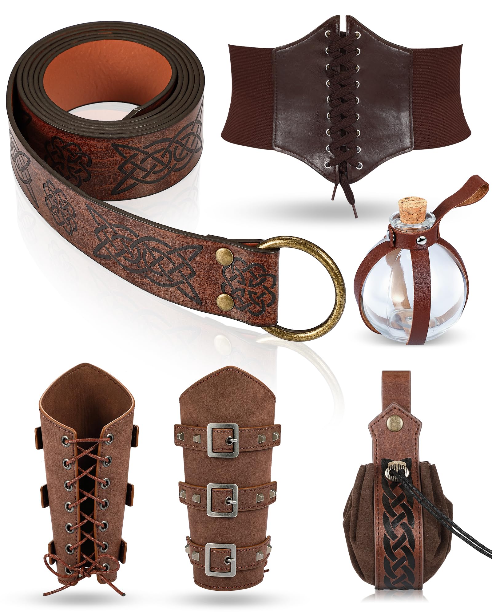 ramede 6 Pcs Women Renaissance Accessories Medieval Leaf Leather Belt Pouch Viking Corset Belt Potion Bottle Leaf Arm Guards(Fit Waist Size 25''-29'',Medieval Style,Brown)