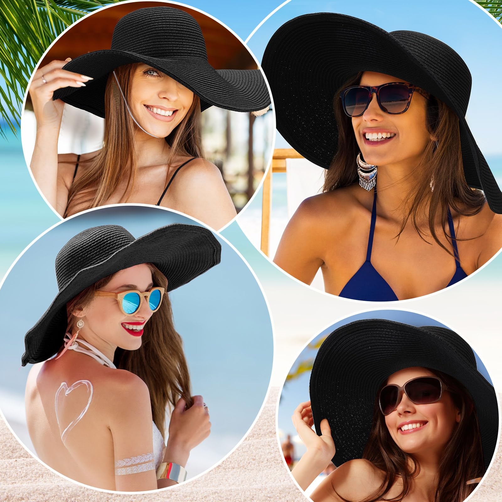 Sintuff 8 Pcs Womens Sun Straw Hat Bulk Super Wide Brim Beach Hats Big Foldable UV Hat Large Floppy Scarecrow Witch Hat(Khaki)