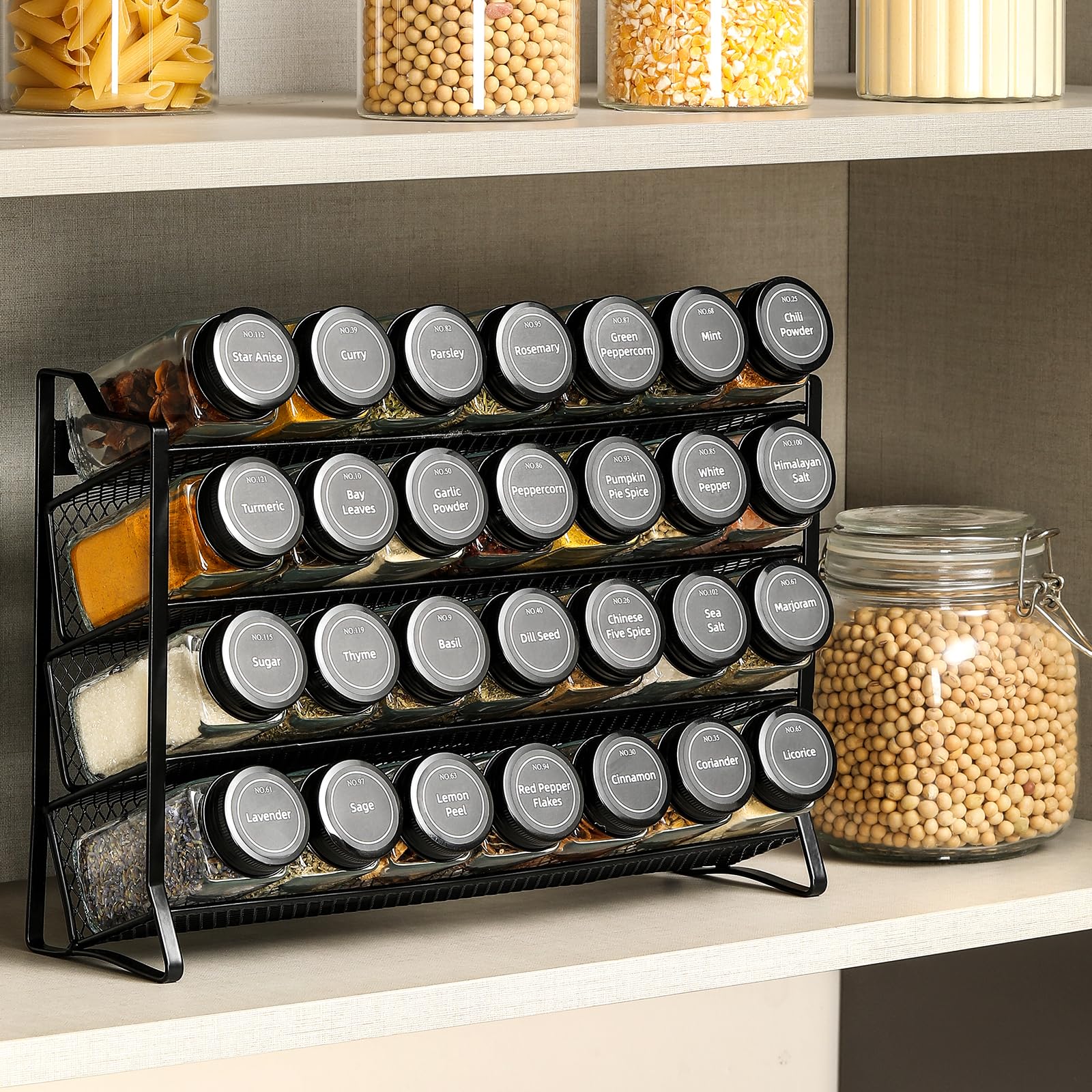 AOZITA Spice Rack Organizer for Cabinet, Spice Organizer with 28 Empty Spice Jars with Black Lids, Funnel, Spice Labels, Seasoning Organizer for Countertop, Cabinet, Kitchen, Pantry, Cupboard