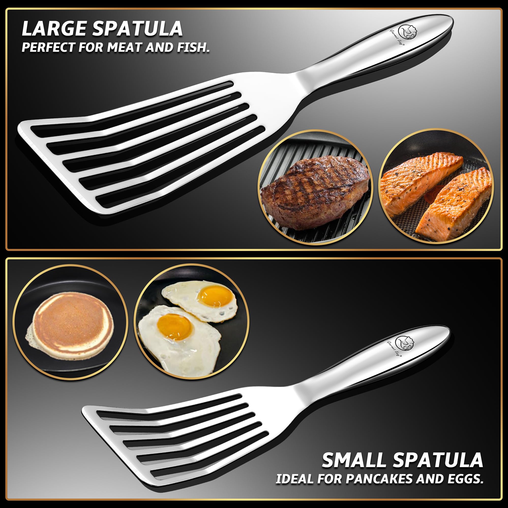 Fish Spatula Stainless Steel Combo, 1 Large Fish Turner Spatula + 1 Small Griddle Spatula, Metal Spatula for Kitchen Use, Slotted Spatulas, Frying Spatula with Thin Edge Ideal for Turning & Flipping