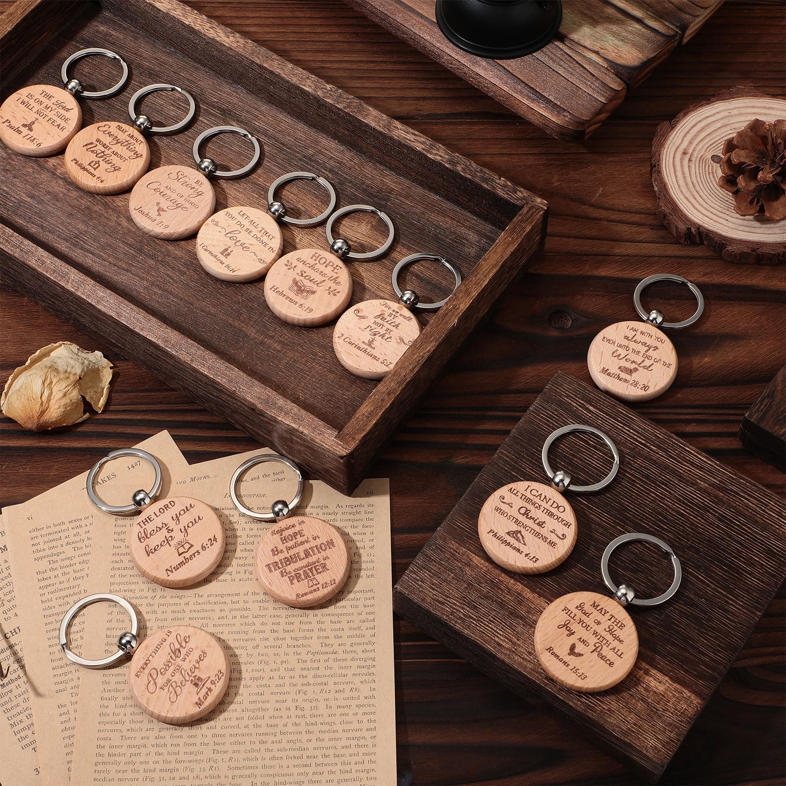 Siifert 60 Pcs Christian Keychain Bulk Religious Bible Verse Inspirational Wooden Quotes Keychain for Women Men Church(Vivid Style)