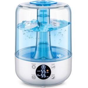 hilife humidifiers for bedroom, 3l ultrasonic cool mist humidifiers for home baby nursery & plants, quiet top fill air humidifier lasts up to 30 hours, auto shut-off, filterless