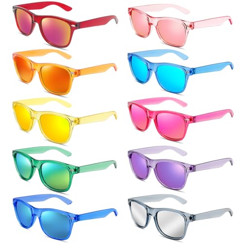 Pibupibu 10 Pack Neon Party Sunglasses Bulk, Wholesale Retro 80s Clear Colorful Mirrrored Lens Sunglasses Party Favors