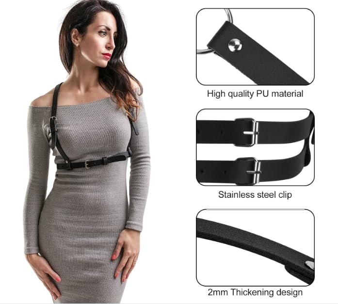 Ulekuke Punk Black Leather Body Harness Belt for Women Gothic Adjustable Waist Belts Fashion Accessories (Black D)