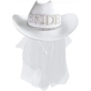 bridal cowboy hat, bronzing "bride" cowgirl hat white velvet fur veil favors women felt party hat,bachelorette party bride to be gift