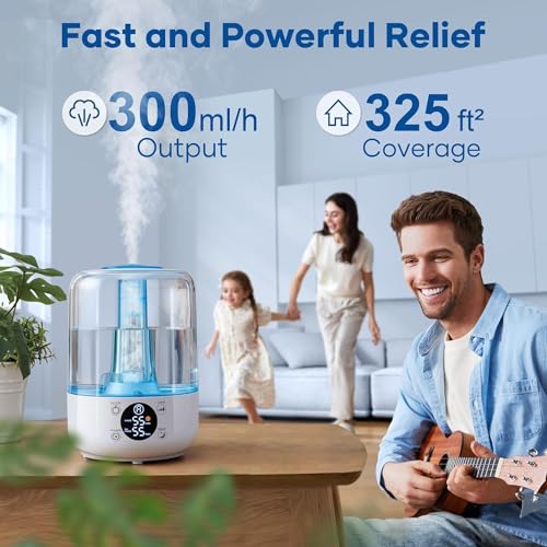 HiLIFE Humidifiers for Bedroom, 3L Ultrasonic Cool Mist Humidifiers for Home Baby Nursery & Plants, Quiet Top Fill Air Humidifier Lasts Up to 30 Hours, Auto Shut-Off, Filterless