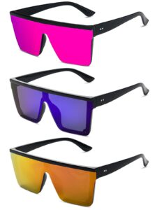 qyvewy 3 pack oversized square sunglasses for women men large flat top thick frame big sun glasses uv400 protection (mirror blue/purple/red)