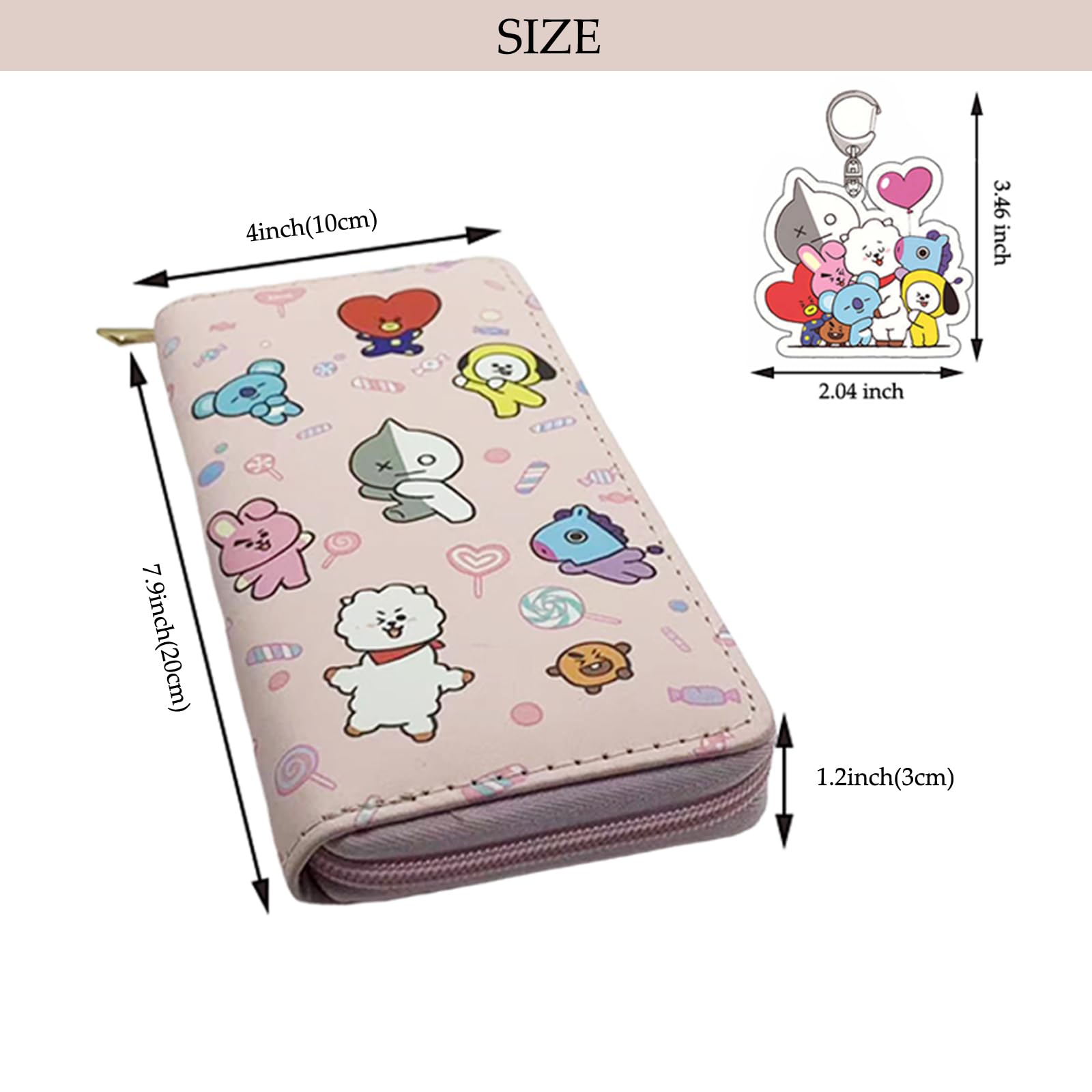 Educatgame Kpop Army Wallet with Bag Charm, Cute Long Zipper Faux Leather Wallet, Cute Stuff/Accessories or Gift for Teen Girls & Women (A)