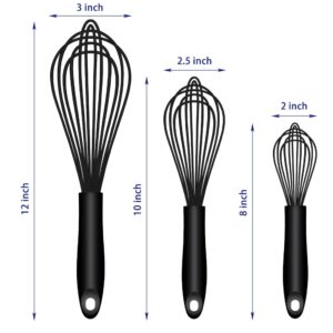 OYV Dishwasher Safe Silicone Whisk, Sealed Waterproof Design Set of 3, Professional Kitchen Whisks for Cooking Non-Scratch, Silicone & Stainless Steel Whisk, Heat Resistant Balloon Egg Beater, Black