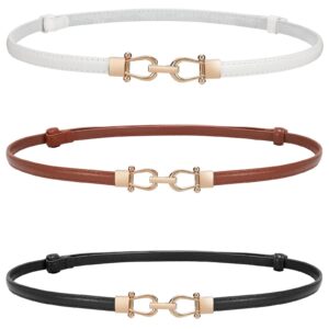 werforu women 3 pack skinny belt for dress,thin waist belt - adjustable leather belt with gold buckle, fit waist size below 37 inches, white+brown+black