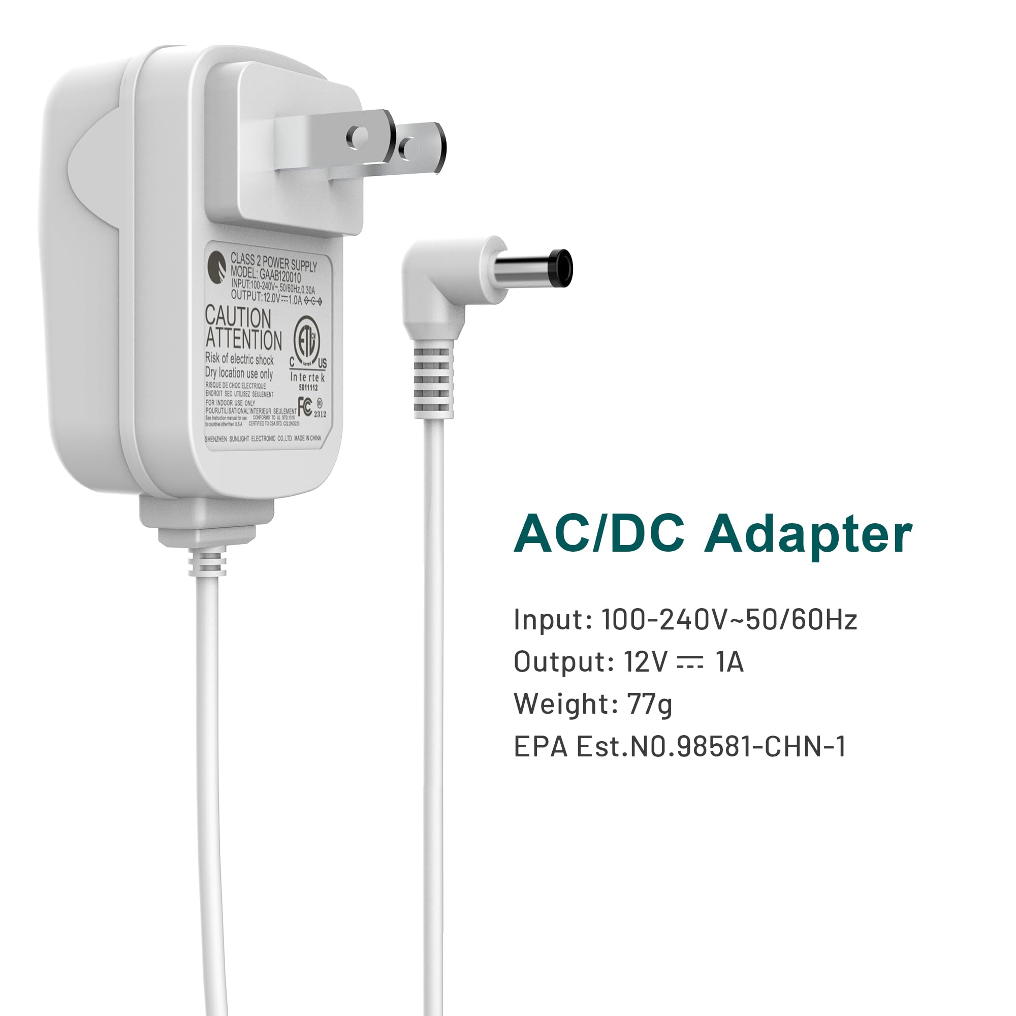 Air Purifier Power Adapter Charger Suitable for Jafända JF100 Replacement Charger 12V 1A(Size : White US/CA)