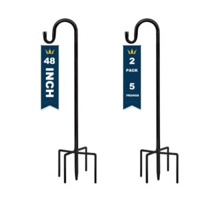 TIEBOLA Shepherd Hooks 2 Pack - 48 Inches High 1/2 Inch Thick Adjustable Rust Resistant Shepards Hooks with 5 Prong Base for Hanger Holder, Wedding Decor, Lanterns, Flower Basket, Bird Feeder.