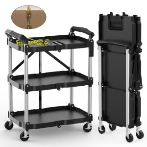 himix foldable utility carts with wheels, 3-tier holds 240lbs folding rolling cart with fixed rope, collapsible service cart for home, office, garage, and warehouse - no assembly required