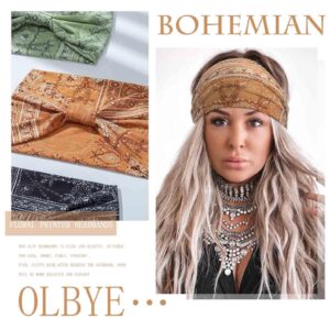 Olbye Headbands for Women Wide Boho Headband Knotted Turban Head Bands Elastic Non Slip Hairbands Floral African Head Wraps Workout Yoga Sweatbands Cotton Head Scarfs Bohemian Hair Accessories for