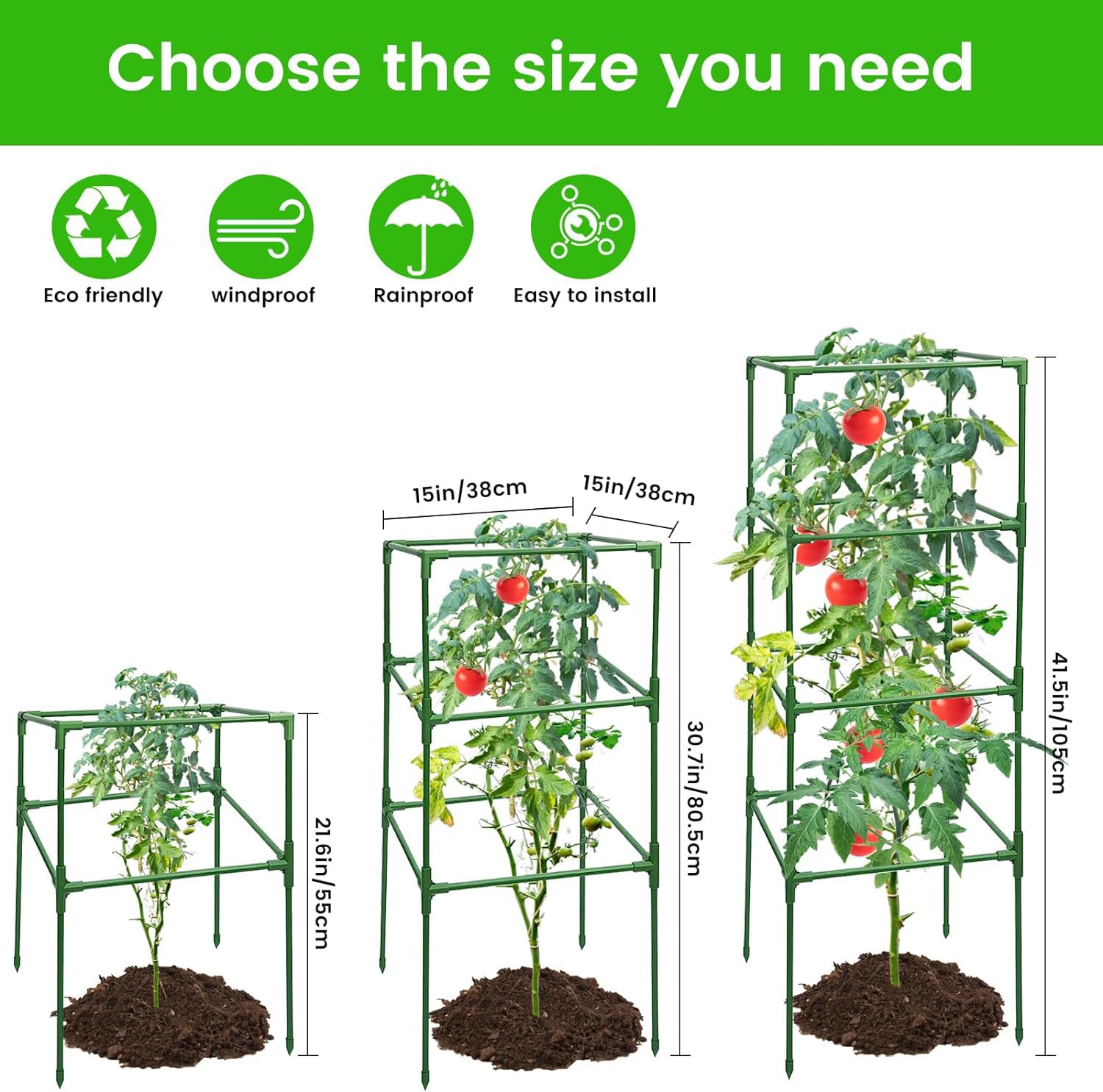 MYMULIKE Tomato Cages for Garden, 3 Pack Square Tomato Cage Heavy Duty, Height-Adjustable Tomato Trellis for Raised Garden Bed, Plants, Flowers Support Stakes- 10 Clips Included