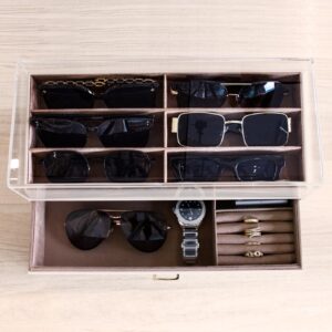 KAMIER Sunglass Organizer Leather Eyeglasses Collector Eyewear Display Case Storage Box,Two-Tier Wooden Sunglass Organizer For Women Men with Sunglass Holder and Drawer,Beige