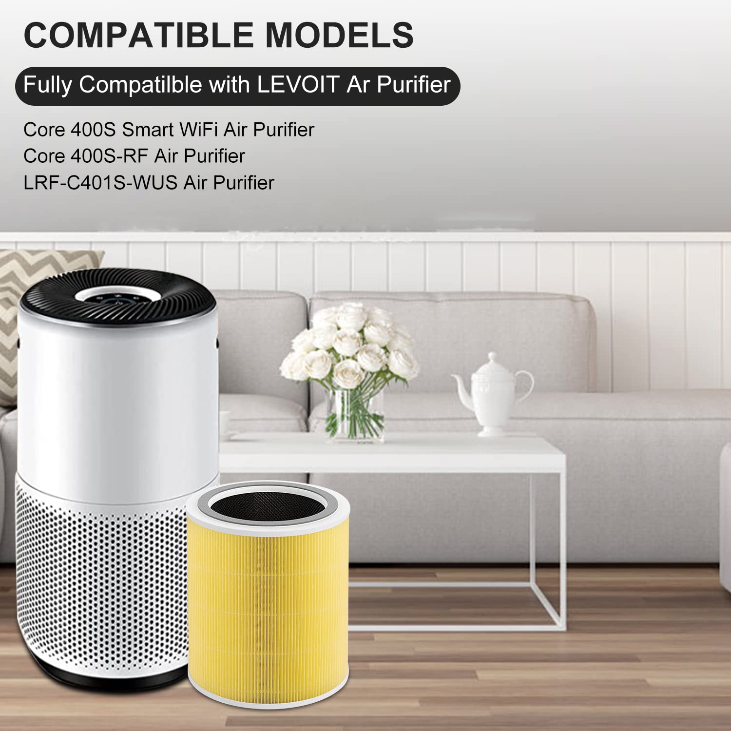 Core 400s Filt-er Replace-ment Compatible With Levoit Core 400s Smart Wifi Air Puri-Fier, Core400s-Rf, High efficiency and Activated Carbon Fil-ter, LRF-C401S-WUS, 2 Pack