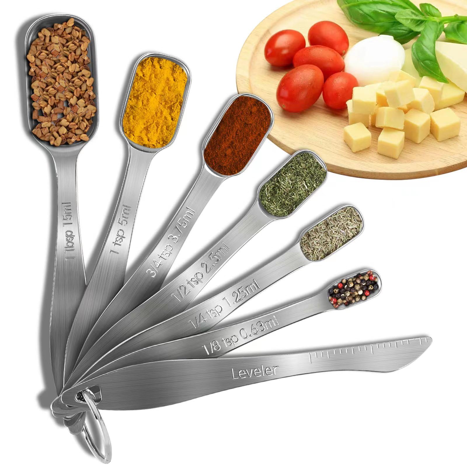 Stainless Steel Measuring Spoons, Premium Heavy Duty Metric Small Tablespoon 7-piece set：1/8 tsp, 1/4 tsp, 1/2 tsp, 3/4 tsp, 1 tsp & 1 tbsp-for Dry or Liquid, Fits in Spice Jar, Including Leveler