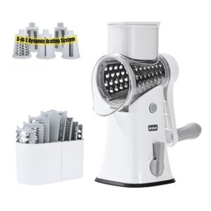 iezzei rotary cheese grater hand crank vegetable shredder with 5 stainless steel blades, nut grinder, carrot shredder, fruit slicer, potato crinkle cutter, secure & large suction base with handle